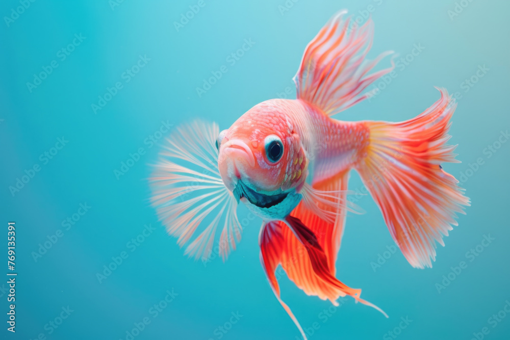 A purebred fish poses for a portrait in a studio with a solid color ...