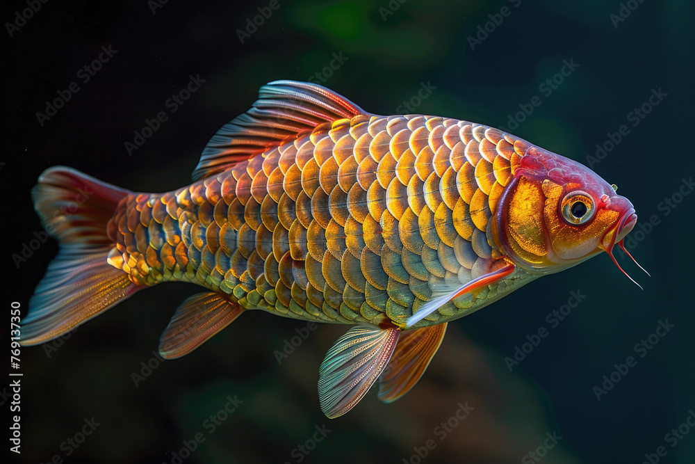 A purebred fish poses for a portrait in a studio with a solid color ...