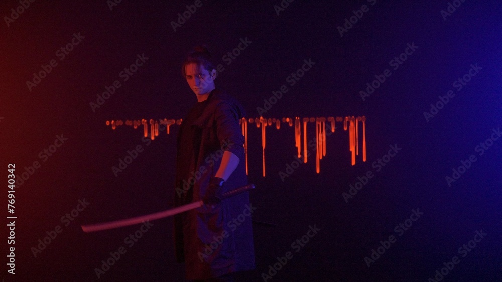 Person against big digital wall in studio. Man silhouette with japanese ...