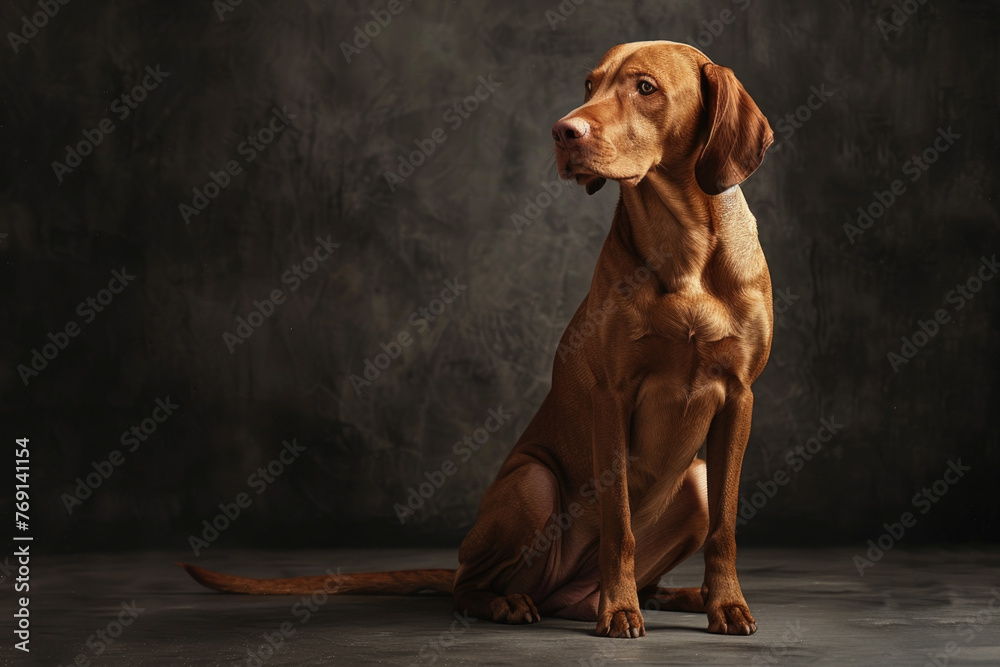 A purebred dog poses for a portrait in a studio with a solid color ...