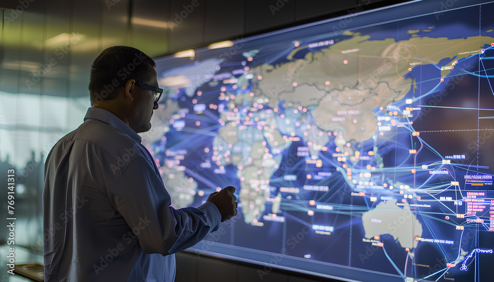 interactive screen in the office of a logistics company with diagrams ...