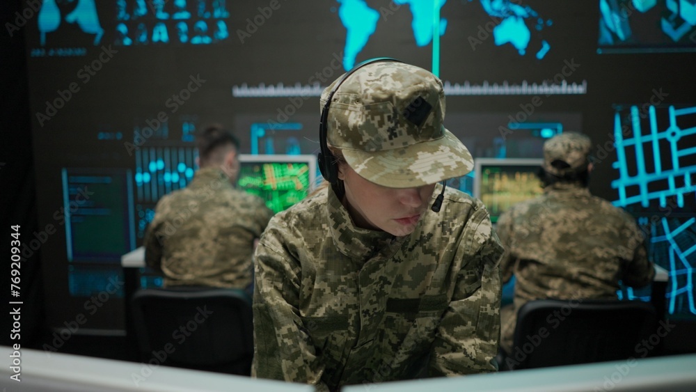 Group of security squad in control center. Military headquarters ...