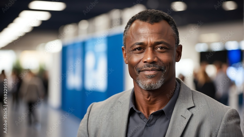 Handsome middle aged black african man on work fair in exhibition hall ...