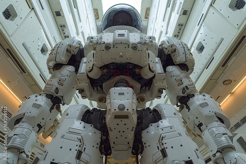 Giant white robot photographed from below towering over the viewer ...