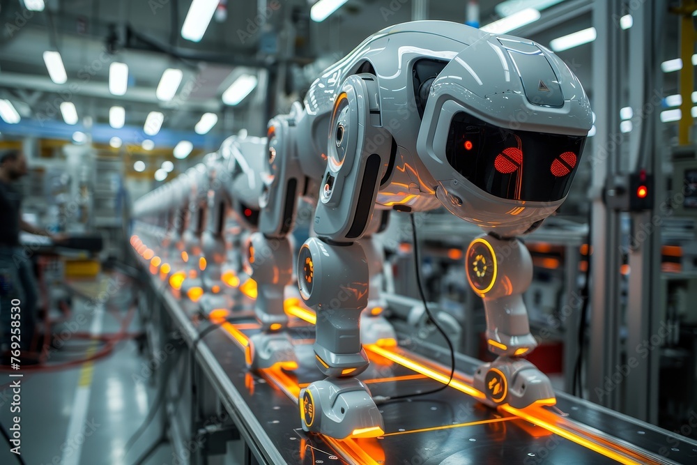This image captures robotic dogs on an assembly line, glowing elements ...