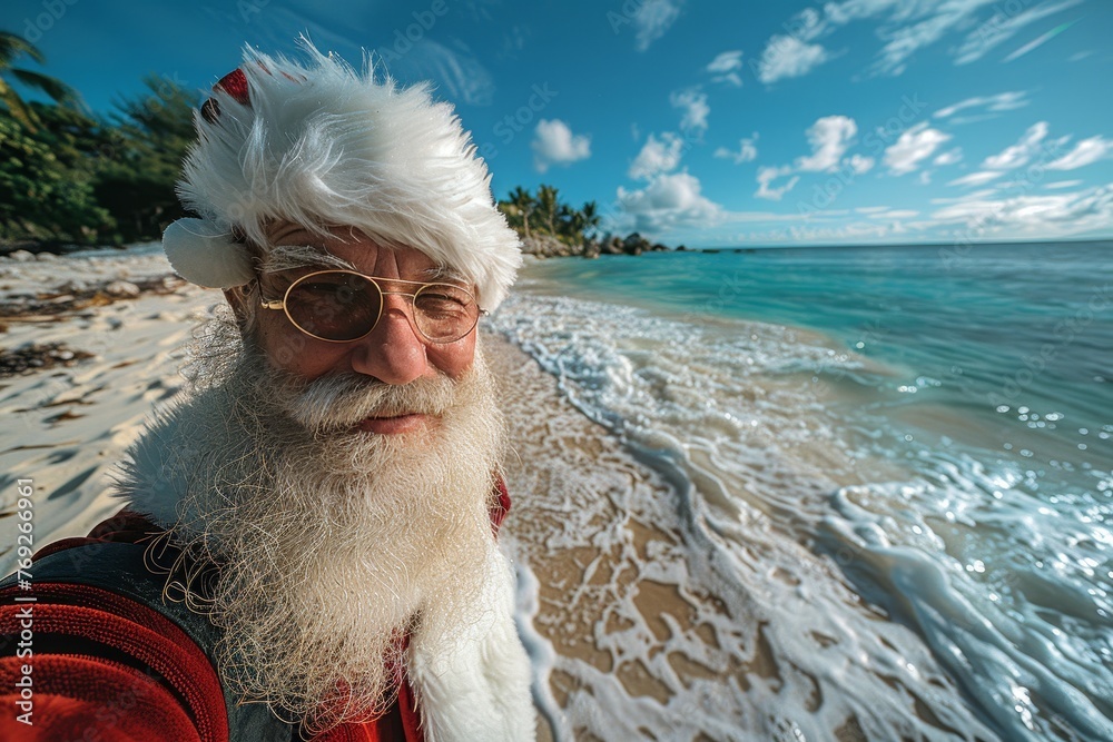 Santa Claus in his iconic costume standing by a tropical beach ...