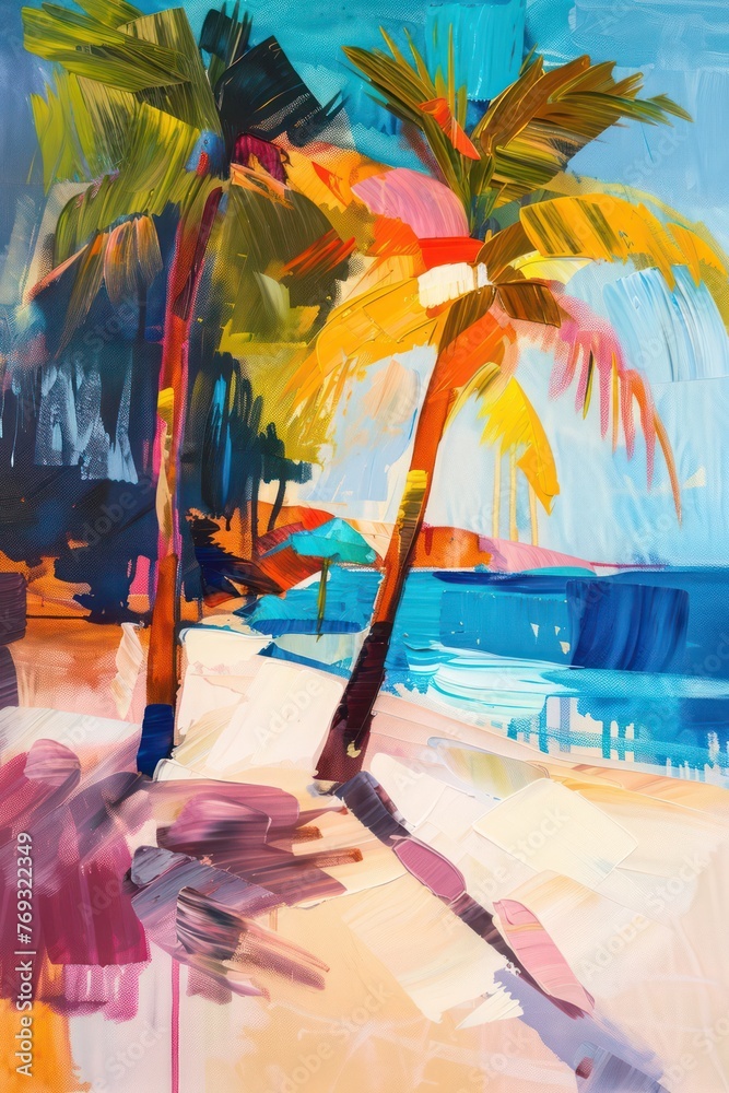 This spring-summer oil painting shows a beach scene, the rough canvas ...