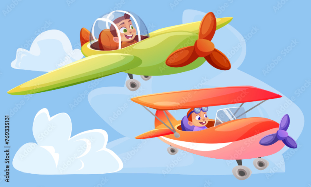 Happy kids flying on color planes in sky. Vector cartoon illustration ...