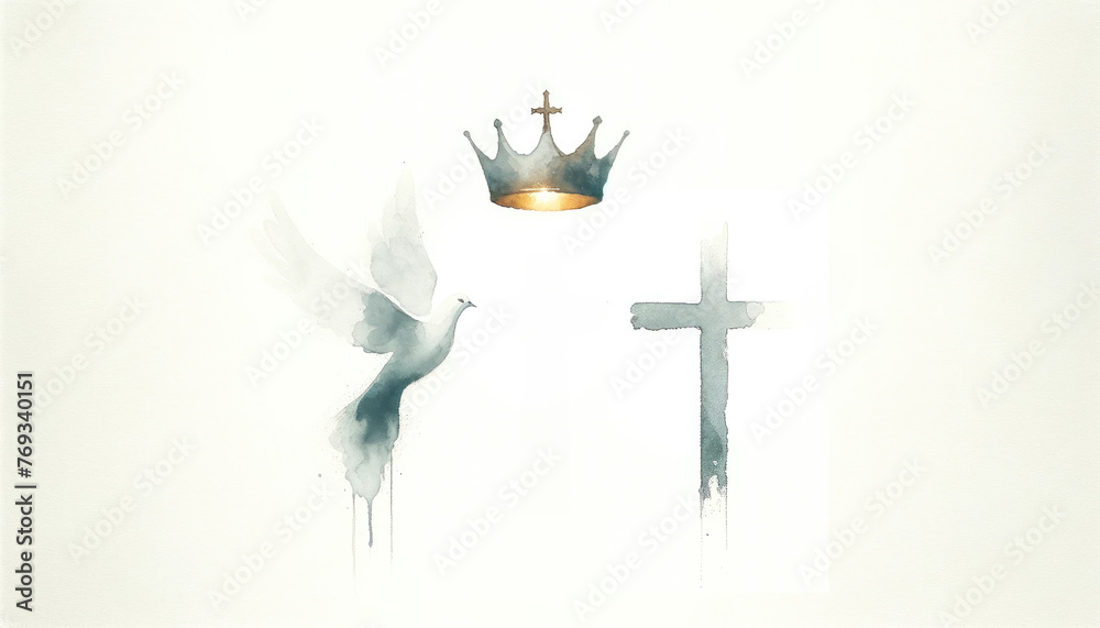 Holy Trinity symbols. Cross, crown and dove of Holy Spirit. Watercolor ...