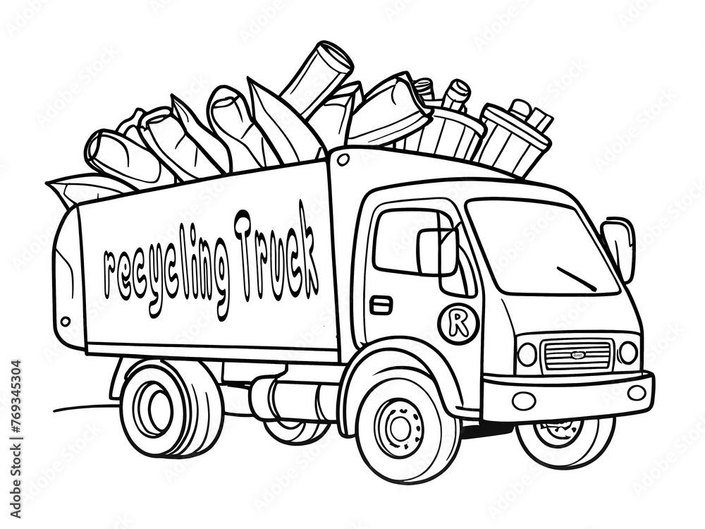 Recycling Truck vehicles Coloring page: black vector outlines isolated ...