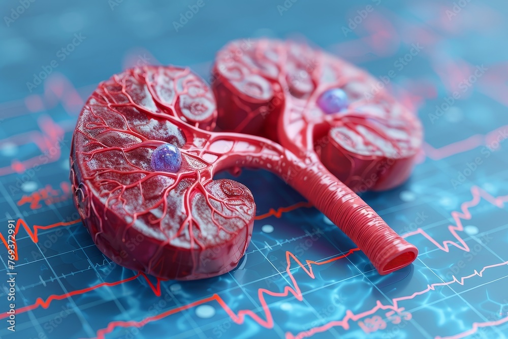 3D Illustration : Human kidney cross section anatomy on ecg graph ...
