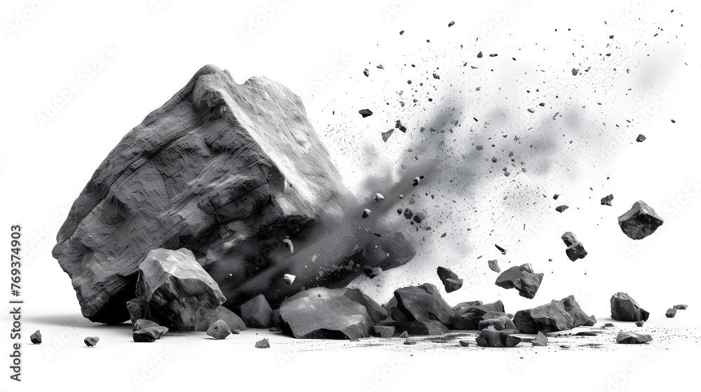 Rock stone white background fall black falling space isolated splash ...