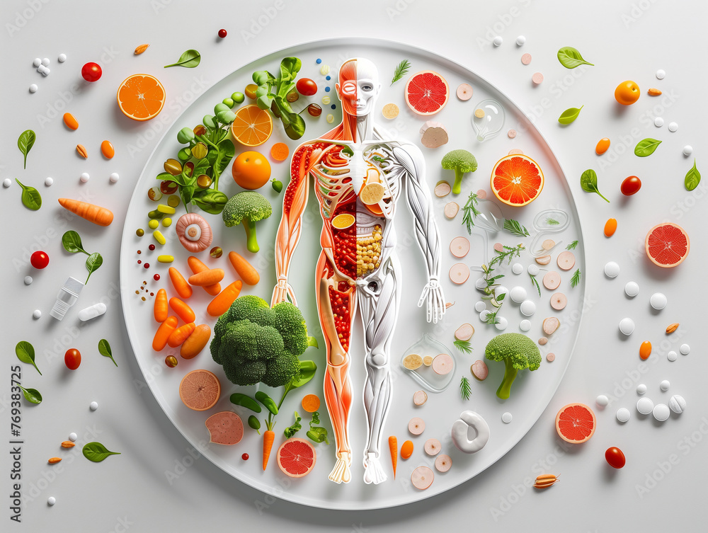 3D rendered infographic of a healthy plate, dividing foods rich in fat ...