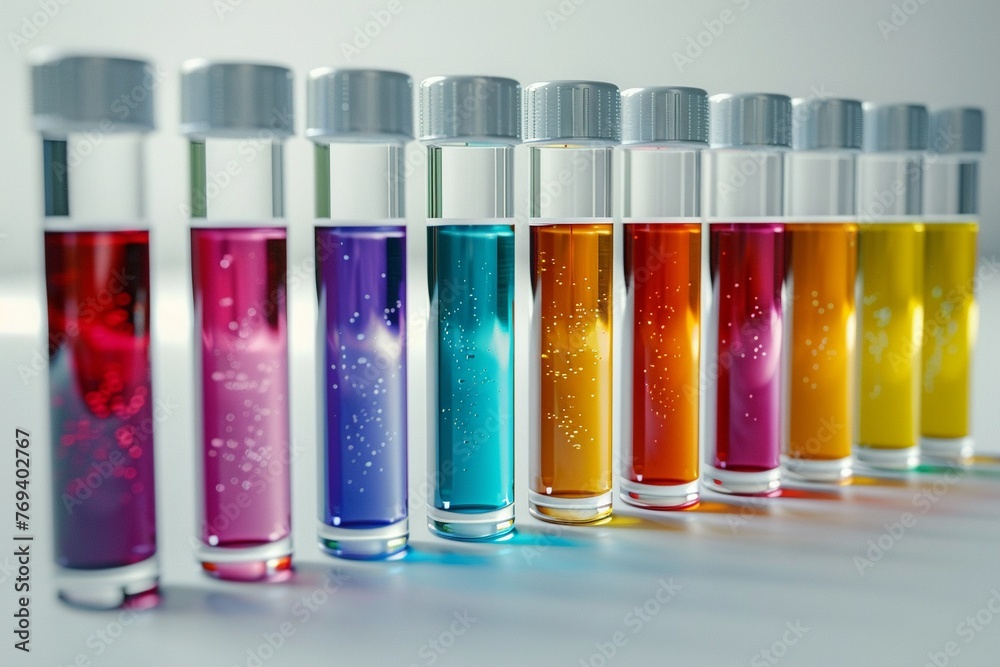 Varied test tubes in a row, multicolored contents, bright white setting ...
