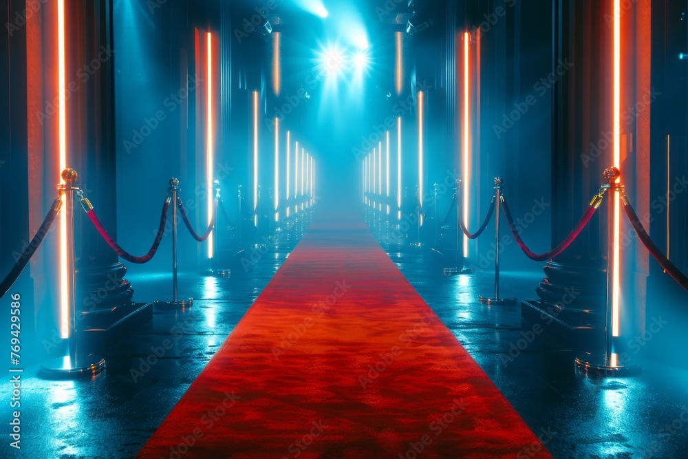 Red carpet and velvet ropes on the sides of an event entrance with ...