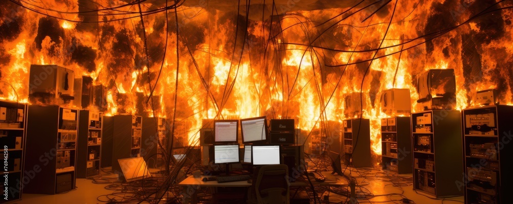 Devastating flames ravage the server room of a data center, putting ...