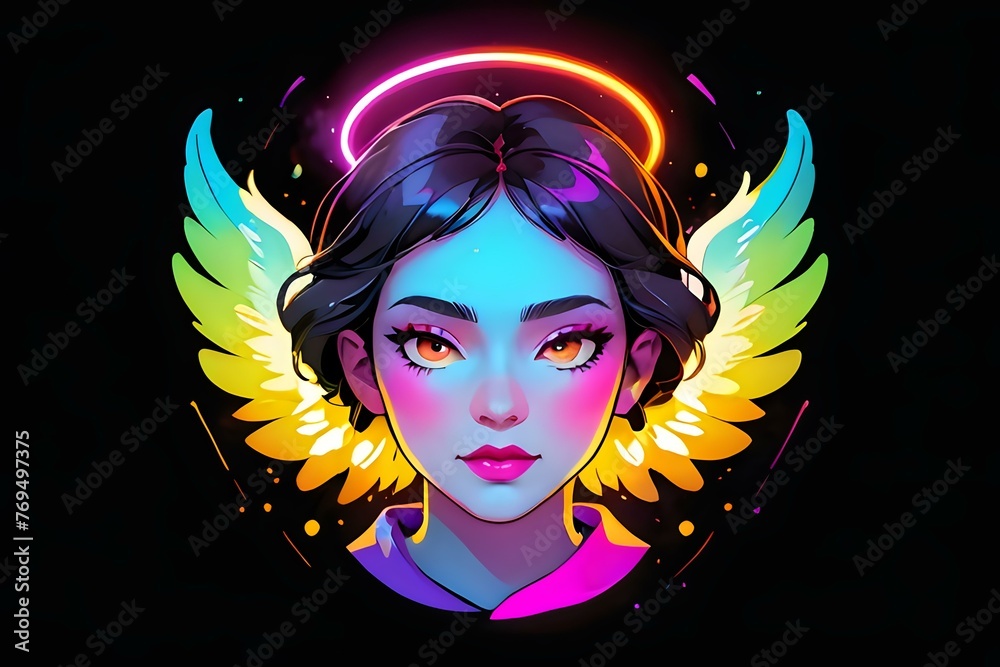 Neon Angelic Grace Portrait. A serene face with neon halo and wings ...