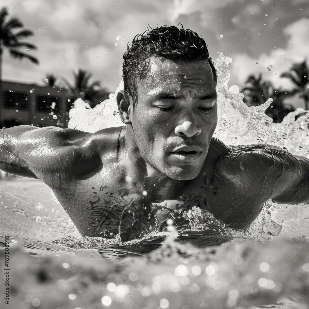 A Pacific Islander male in his 30s, engaging in a strenuous swim, his ...