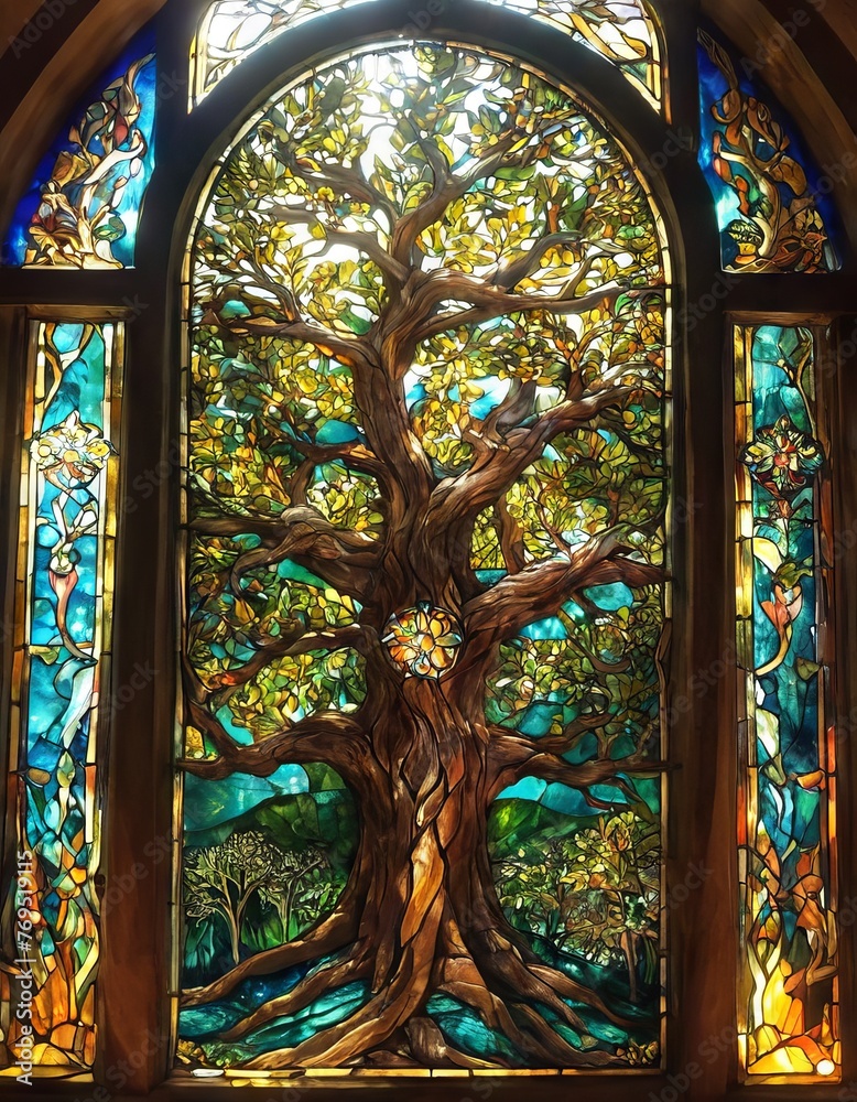 A beautifully crafted stained glass window depicts the Tree of Life ...
