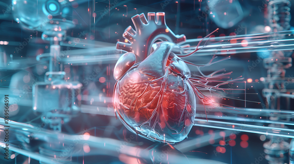 pericardiac human heart red on transparent glassy background, internal ...