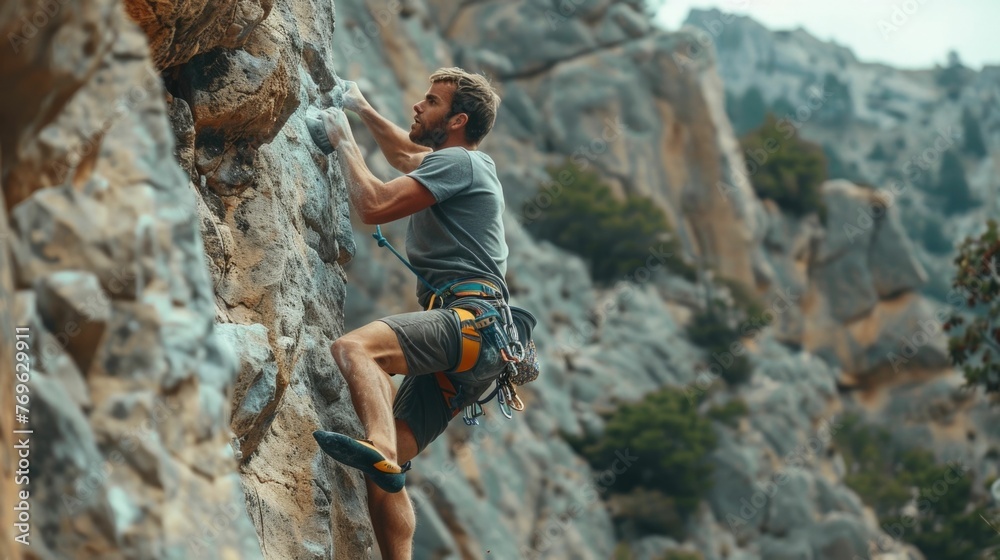 Daring rock climber is captured in mid-ascent,their determined ...
