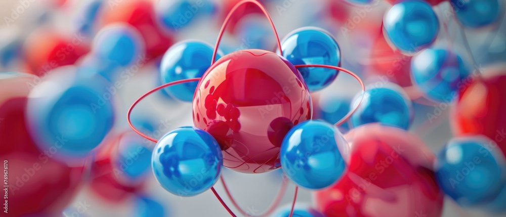 Electrons orbiting a nucleus of red and blue spheres, depicting the fundamental structure of ...