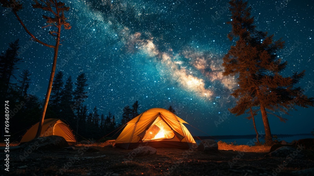 Camping under the Stars: A cozy campsite under a starry night sky, with ...