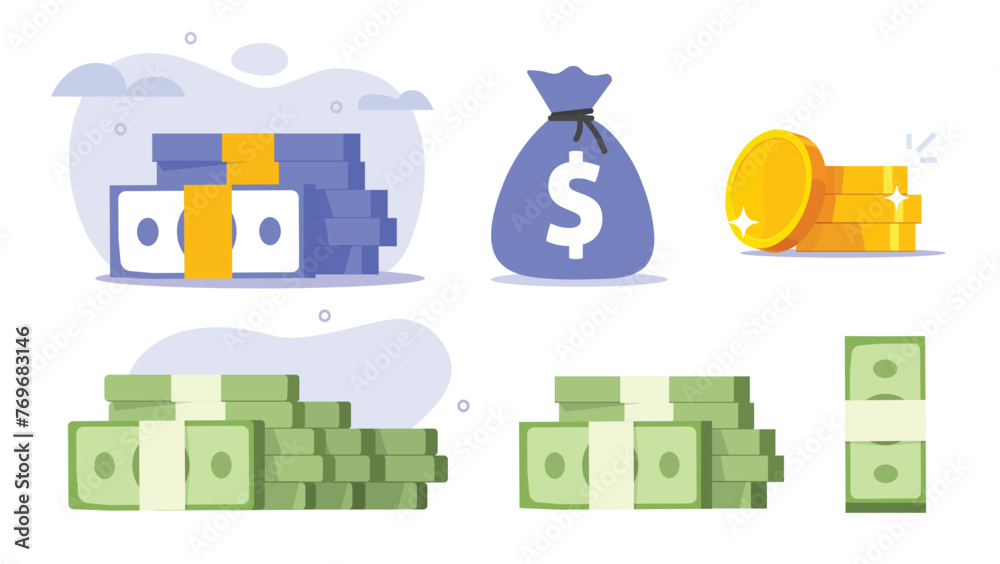 Money cash pile stack icon vector set graphic illustration, dollar ...