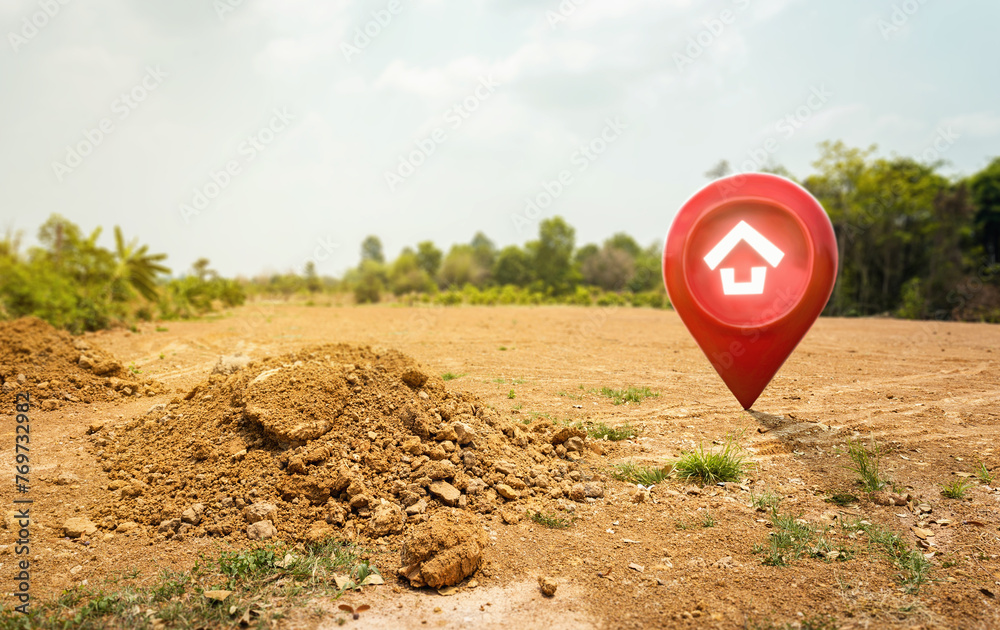 House symbol with location pin icon on empty dry cracked swamp ...