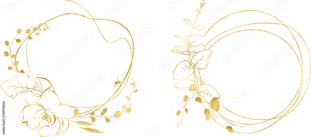 เวกเตอร์ Stock Linear vector gold floral wreaths, Design for invitation ...