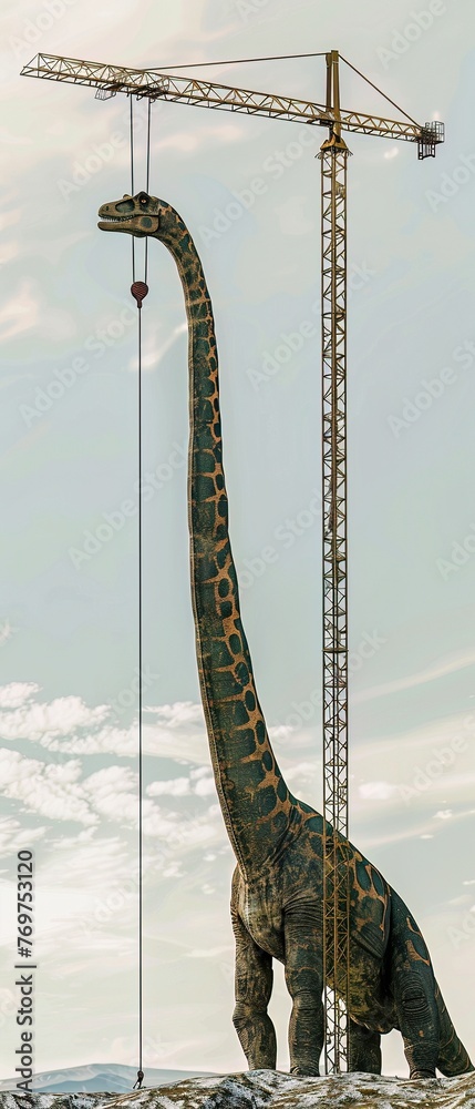 Detailed shot of a Brachiosaurus as a construction crane, capturing its ...
