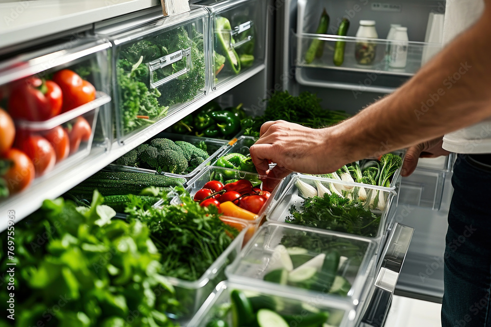 Man selecting fresh fruits and vegetables from open refrigerator filled ...