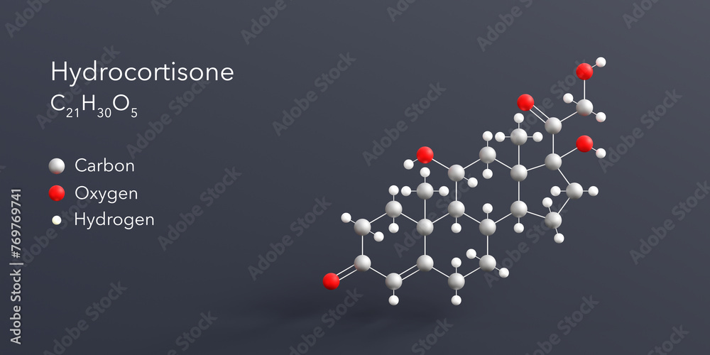 hydrocortisone molecule 3d rendering, flat molecular structure with ...