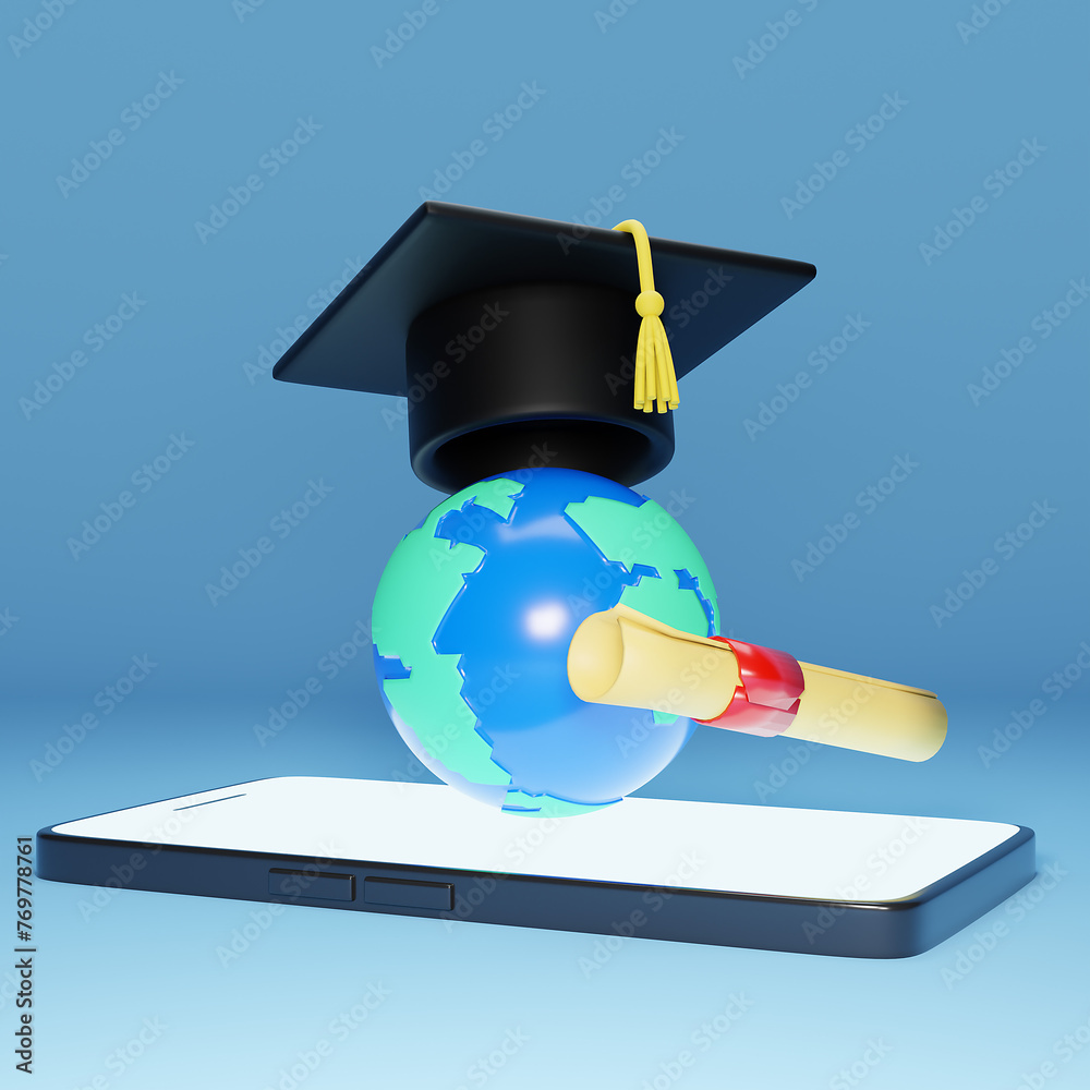 3d illustration of word graduation with graduate caps on blue ...