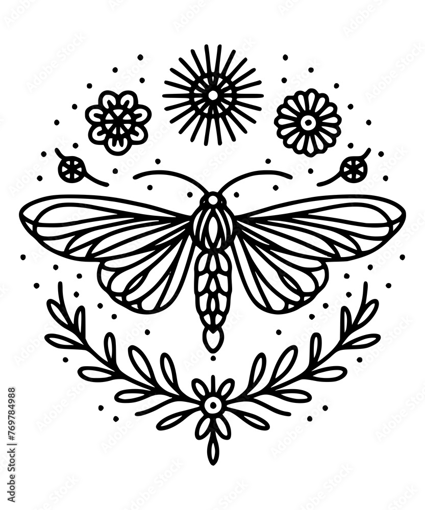 Moth or butterfly style winged insect with wings with flowers, sun ...