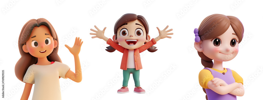Set of Cute Female Characters Demonstrating Hand Movements in 3D ...
