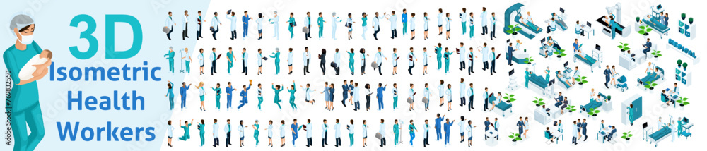Large set of isometric, 3D Health workers, medical staff, nurses ...