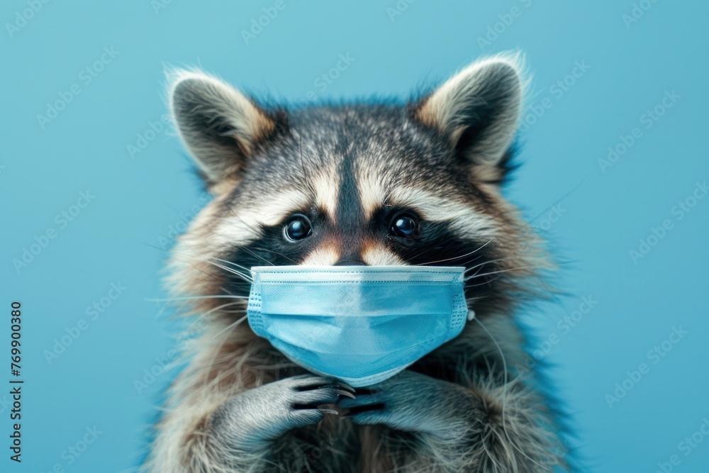 raccoon with bulging big eyes in medicine mask over blue bright ...