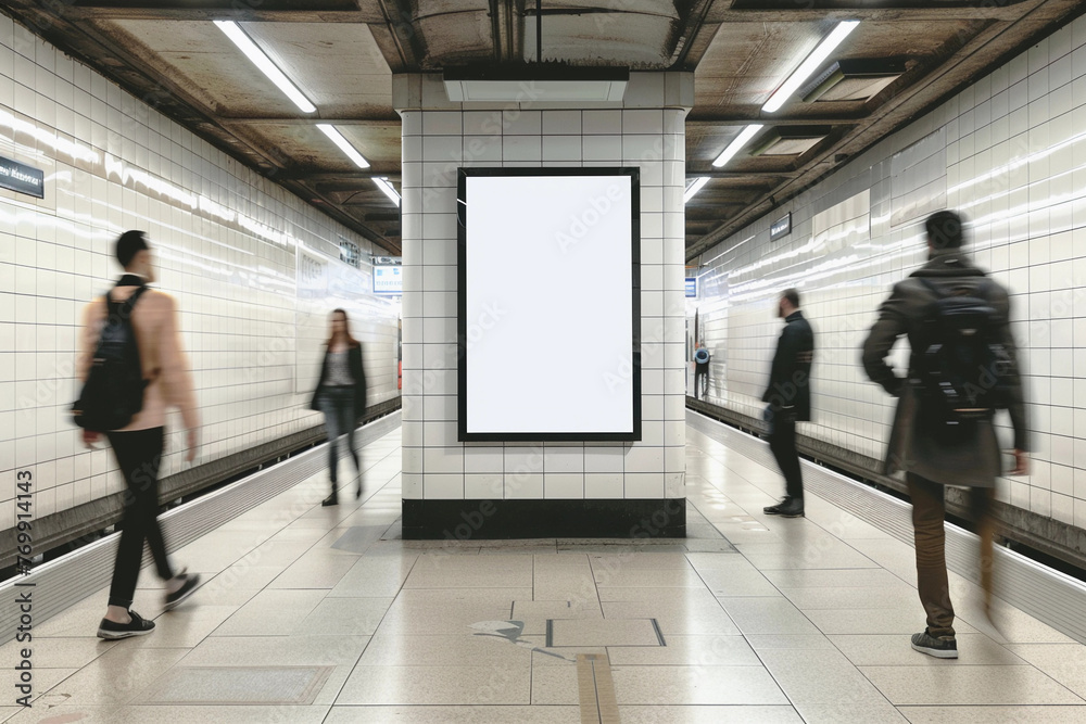 Foto de Stock Blank billboard mock up in a subway station with walking ...