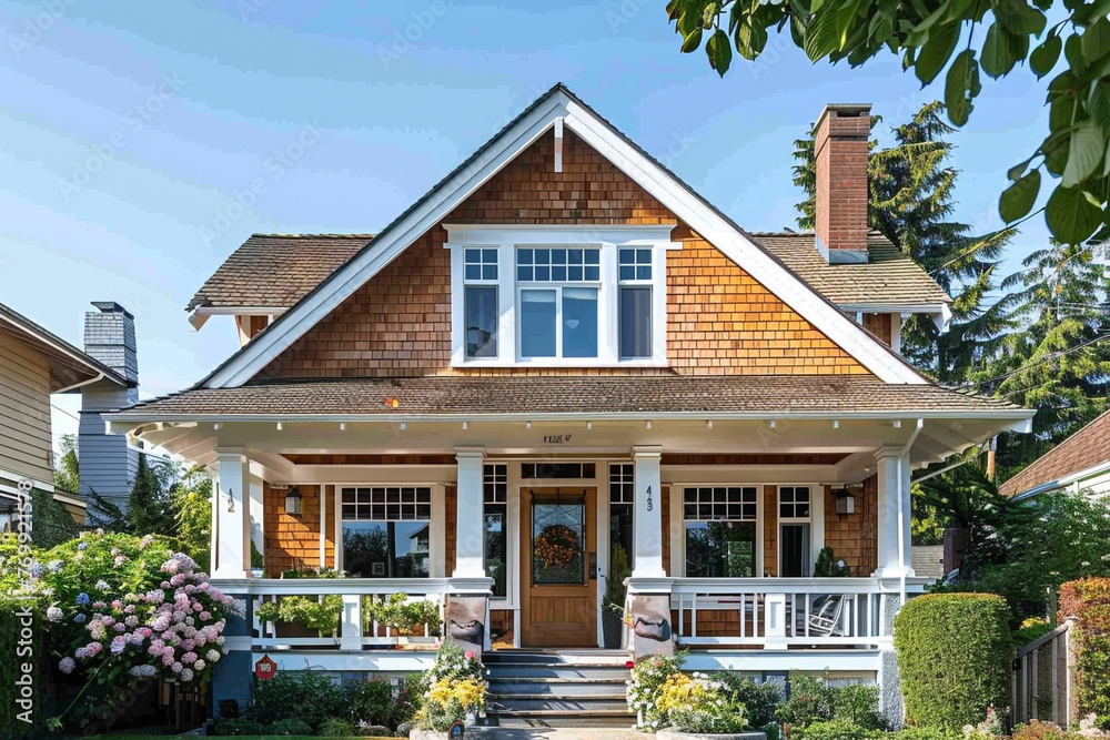 Symmetrical picture of a cozy, 2 story house with white trim windows ...