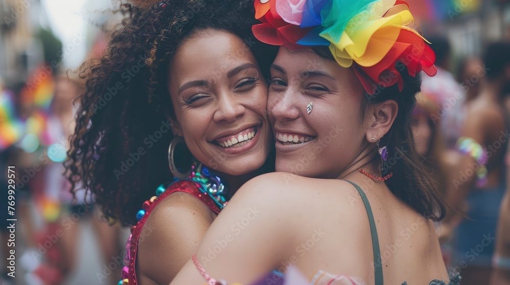 Cute lesbian girls couple hugging and celebrating on pride parade ...