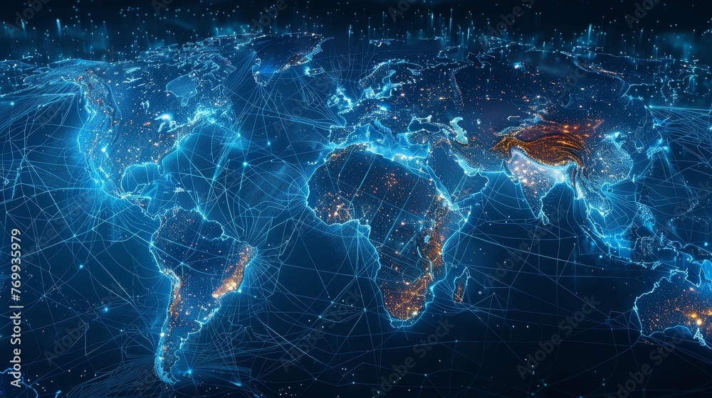 Nighttime view of a digital global map with a glowing network grid ...