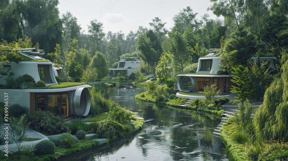 Innovative riverfront homes with green living roofs are integrated into ...