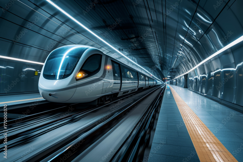 Streamlined modern train gliding through illuminated metro tunnel ...
