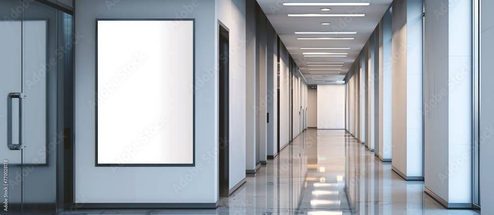 A modern panel with a blank white screen is displayed in an office ...