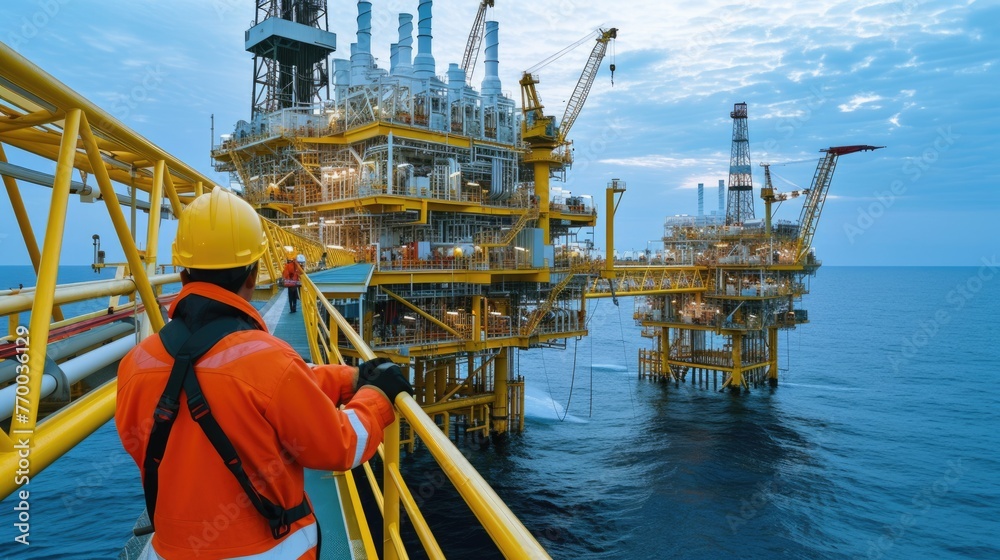 The naval architecture of an oil rig floating in the vast ocean ...