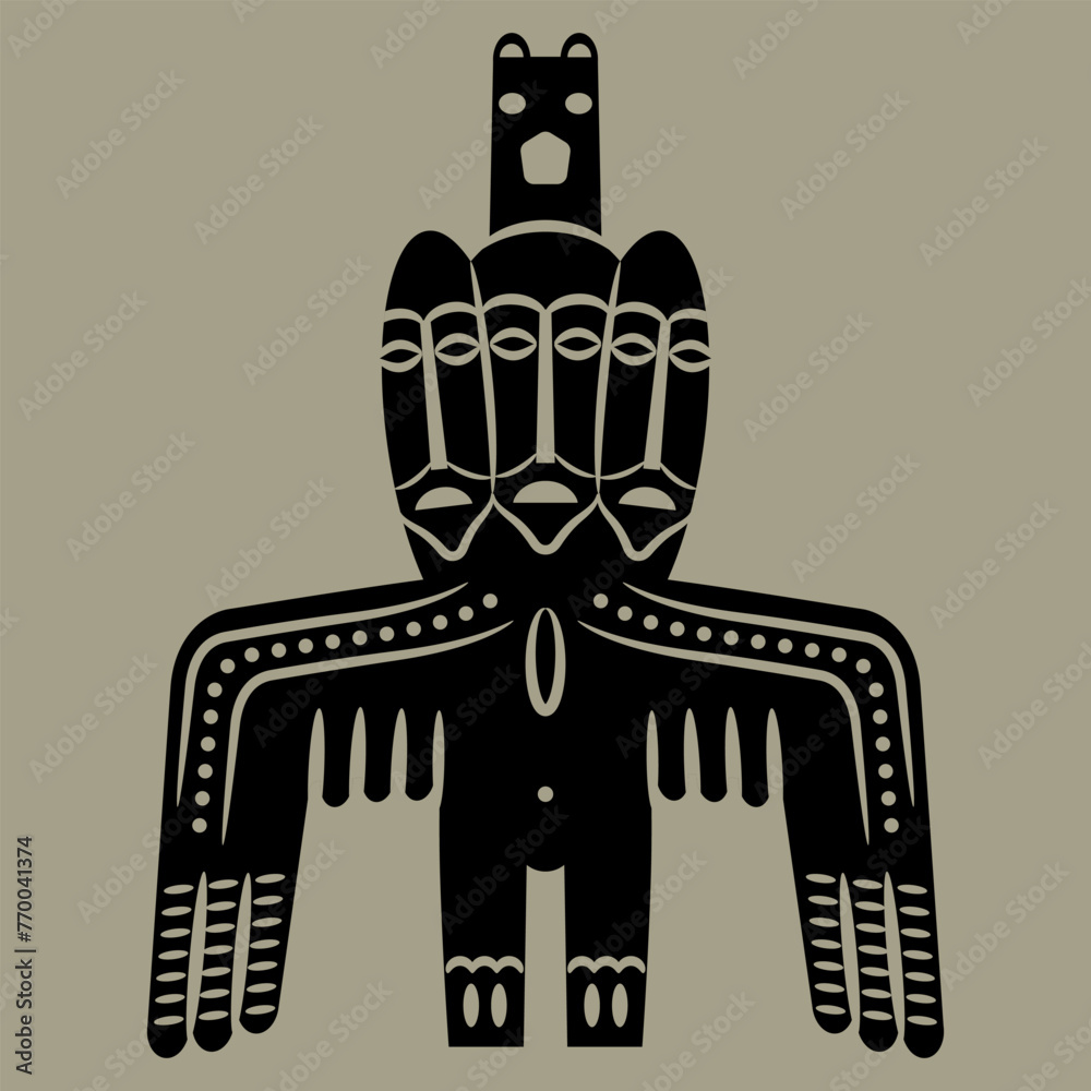Tribal ancient Siberian totem idol. Permian animal style. Winged pagan ...