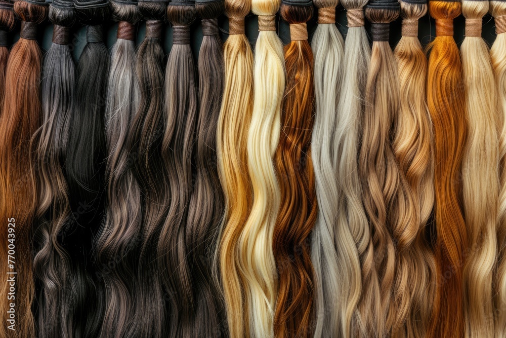 Beautiful Natural Hair Extension Arrangement with Swatches of Different ...