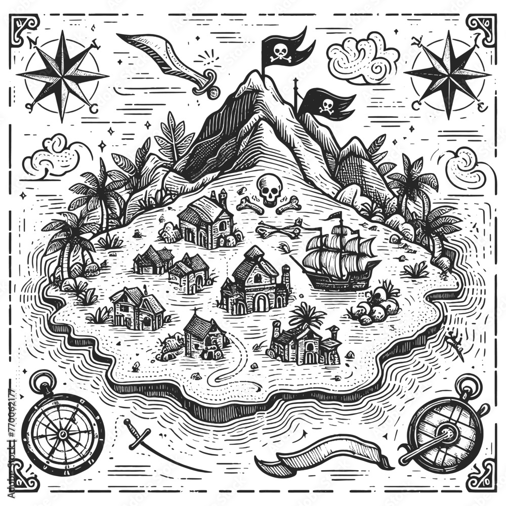 classic pirate treasure map featuring sailing ships, palm trees, and ...