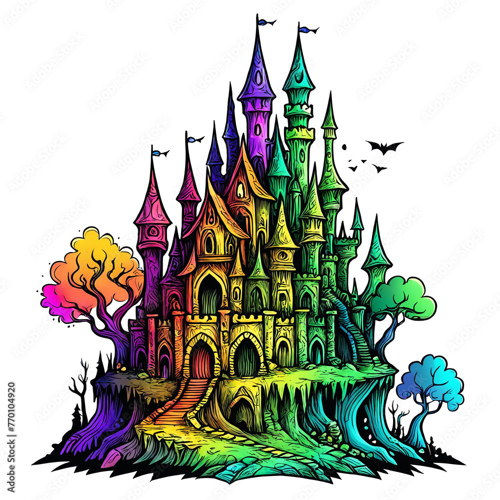 A colorful, rainbow-colored castle with many towers. The castle appears ...